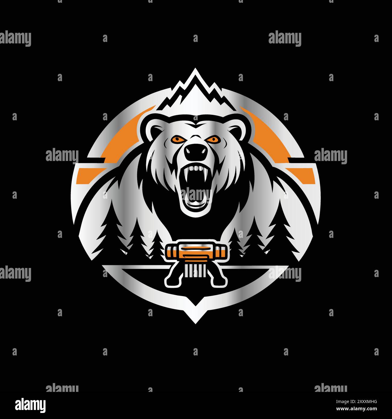 Bear hunter with gun and forest logo design vector template. Wild ...