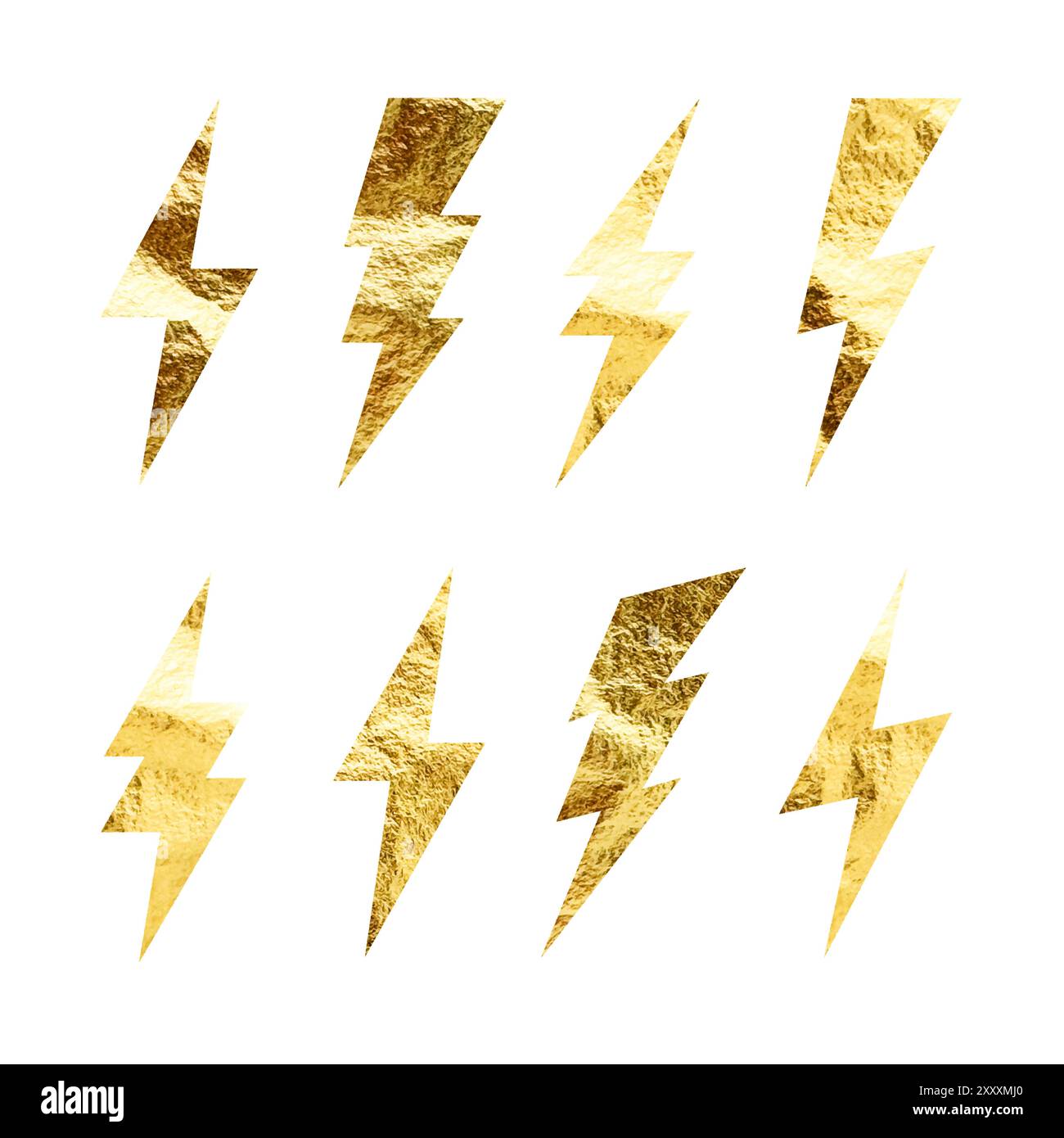 Golden lightning bolt icons collection. Gold foil texture. Flash symbol ...