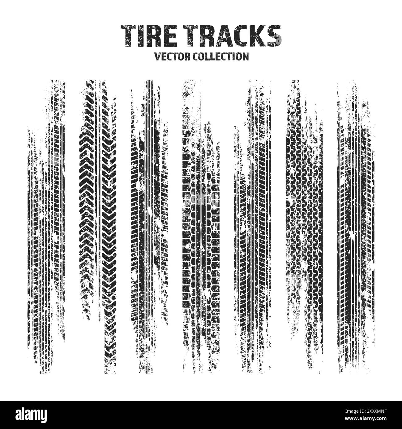 Grunge tire tracks, wheel braking marks. Truck, car or motorcycle tread ...