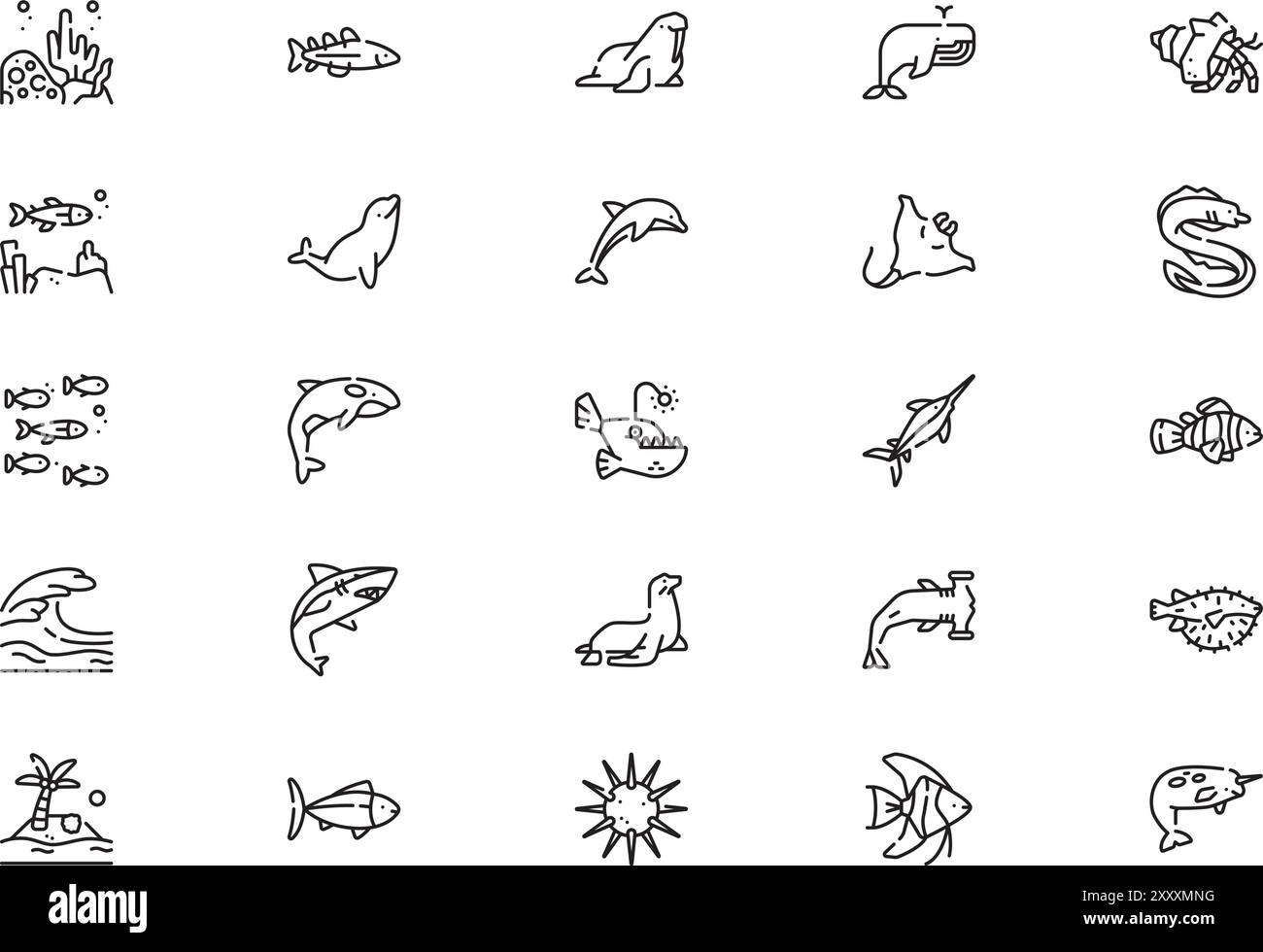 Sea life icons collection is a vector illustration with editable stroke ...