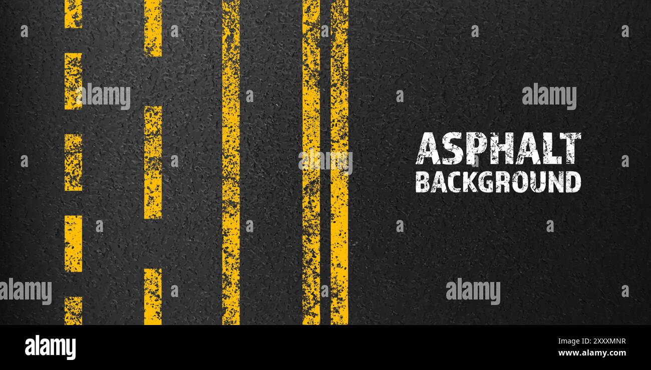Asphalt road with yellow cracked lane marking, concrete highway surface ...