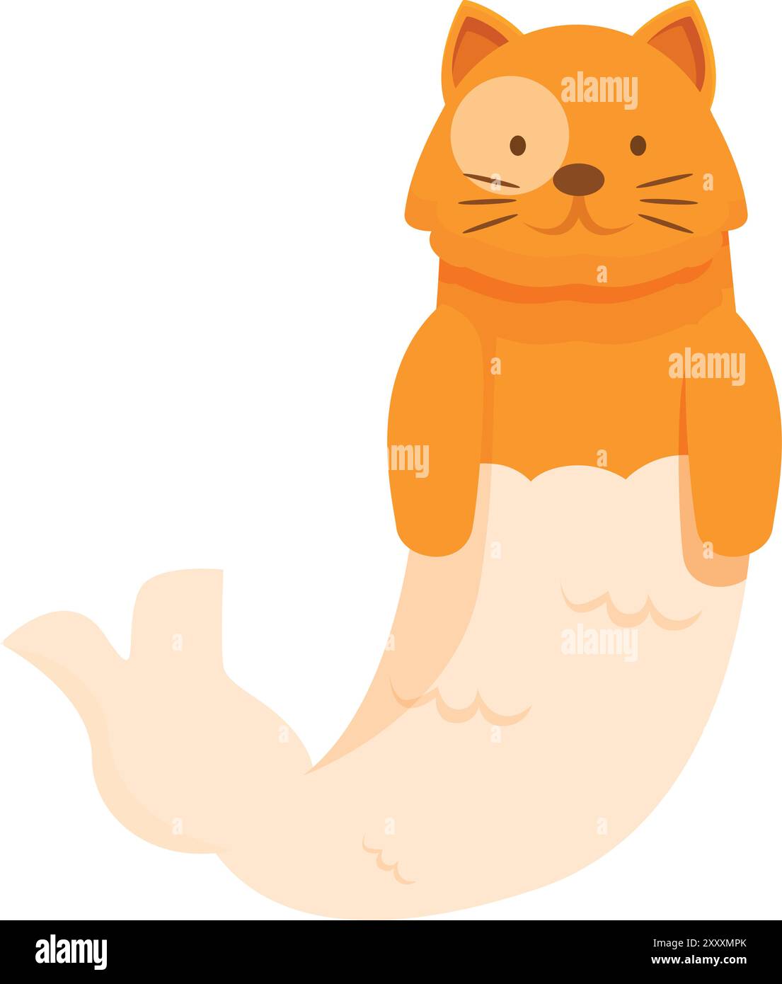 Smiling orange cat with a fish tail is sitting like a mermaid on white ...