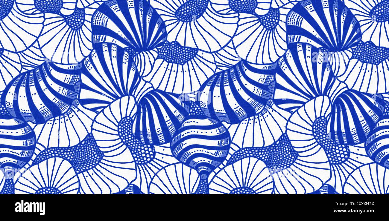 Azure blue white shell motif with linen seamless batik border ...