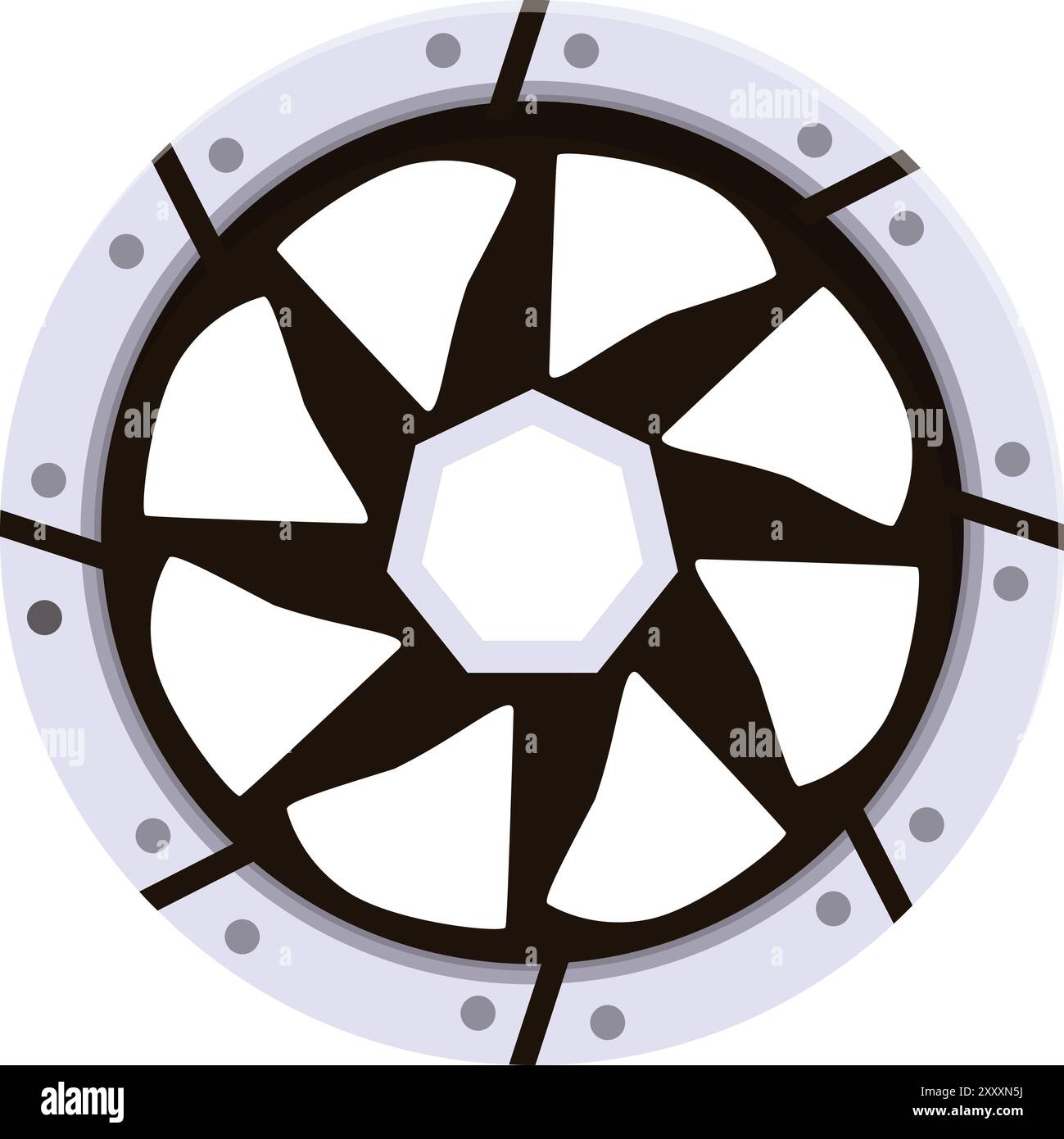 Round metal element with eight blades forming a star in the center ...