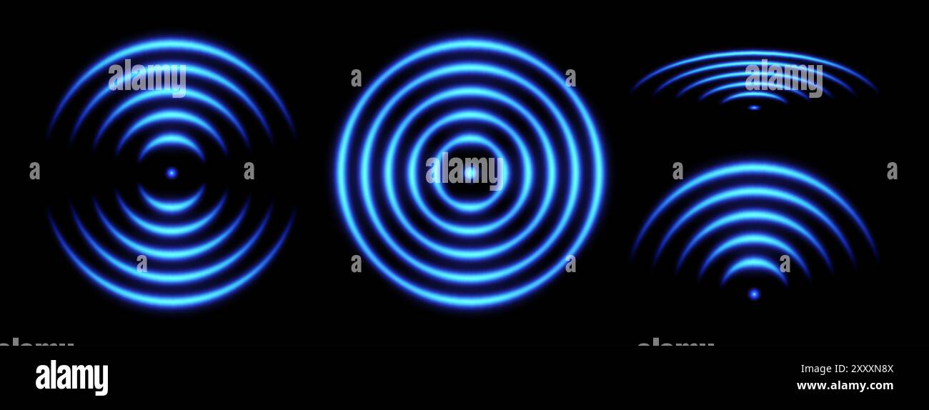 Sonic wave light effect, wireless network signal icons, glowing ...
