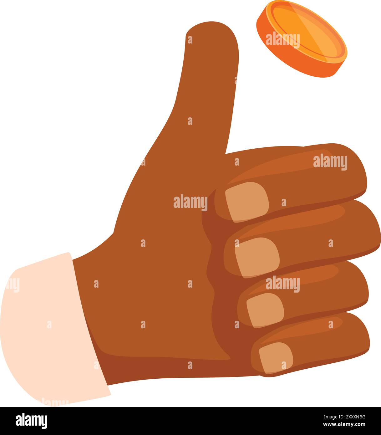 Cartoon hand making the thumbs up sign and flipping a gold coin Stock ...