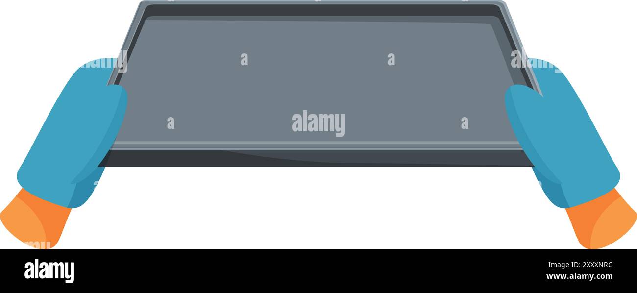 Baker is holding empty baking sheet wearing protective gloves, isolated ...