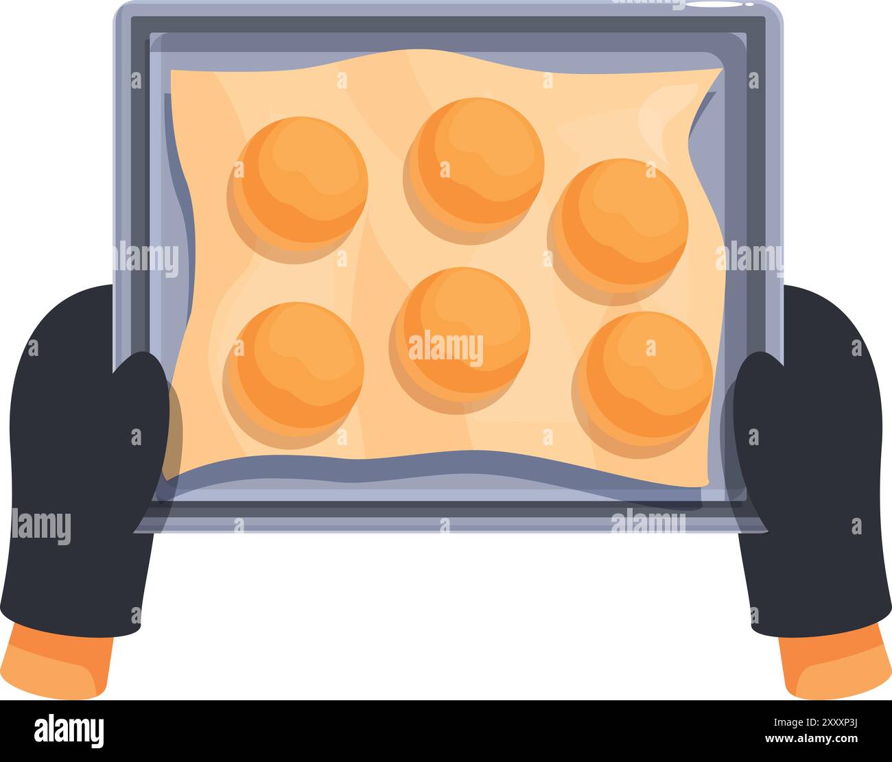 Baking concept with baker holding baking sheet with freshly baked buns ...