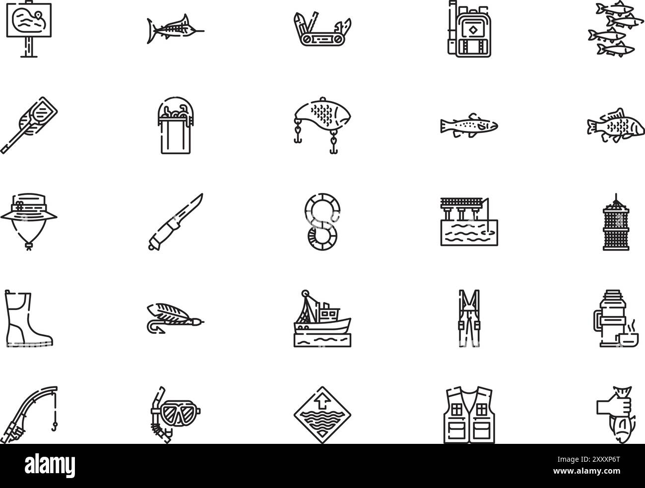 Fishing icons collection is a vector illustration with editable stroke ...