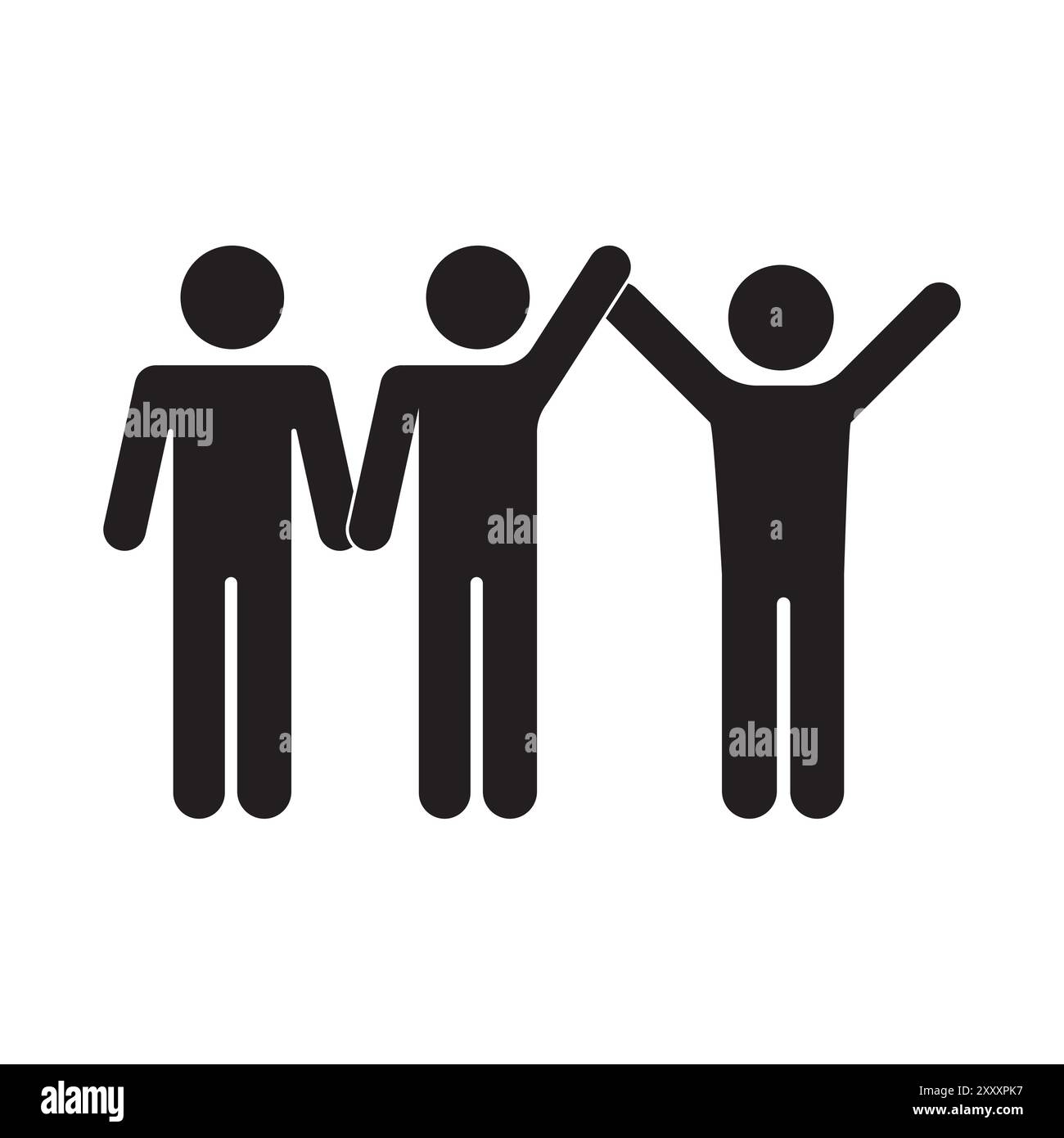 Teamwork success icon. Three stick figures together. Minimalist black ...