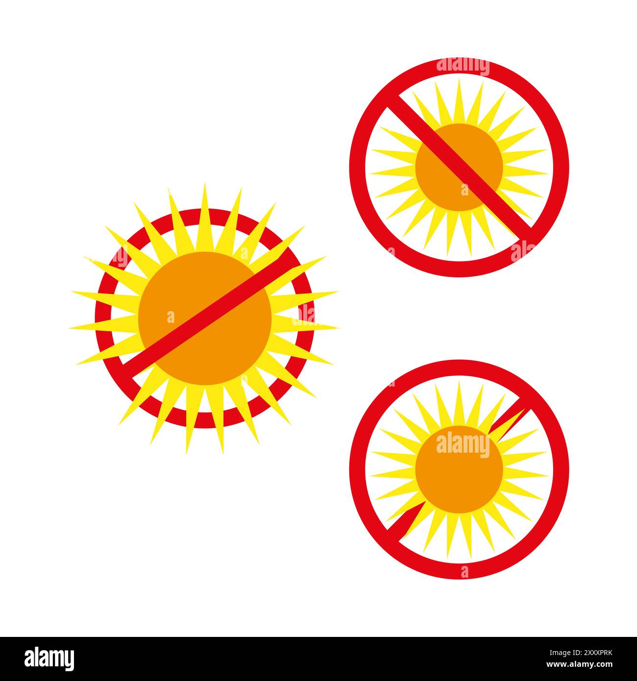 No sun icon set. Yellow sun with red prohibition sign. Bright flat ...