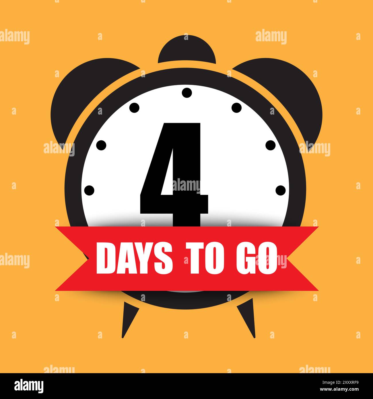 Alarm clock vector. Bold number four focus. 4 days to go text. Yellow ...