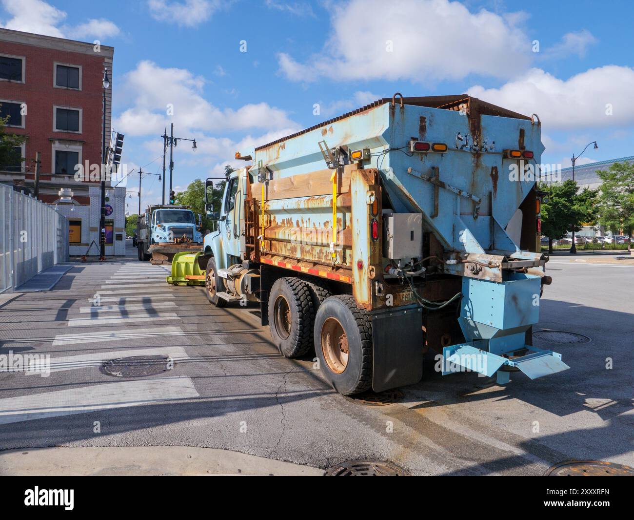 Salt trucks in place as barricade on Cermak Road at Wabash Avenue in ...