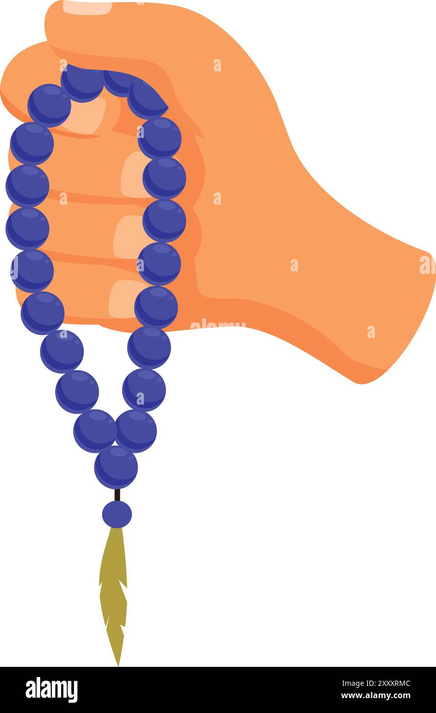 Hand holding blue islamic prayer beads with a feather tassel ...