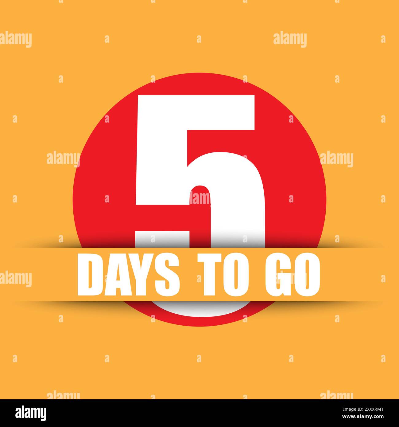 Countdown number icon. Bold 5 days to go text. Red circle on orange background. Simple flat ...