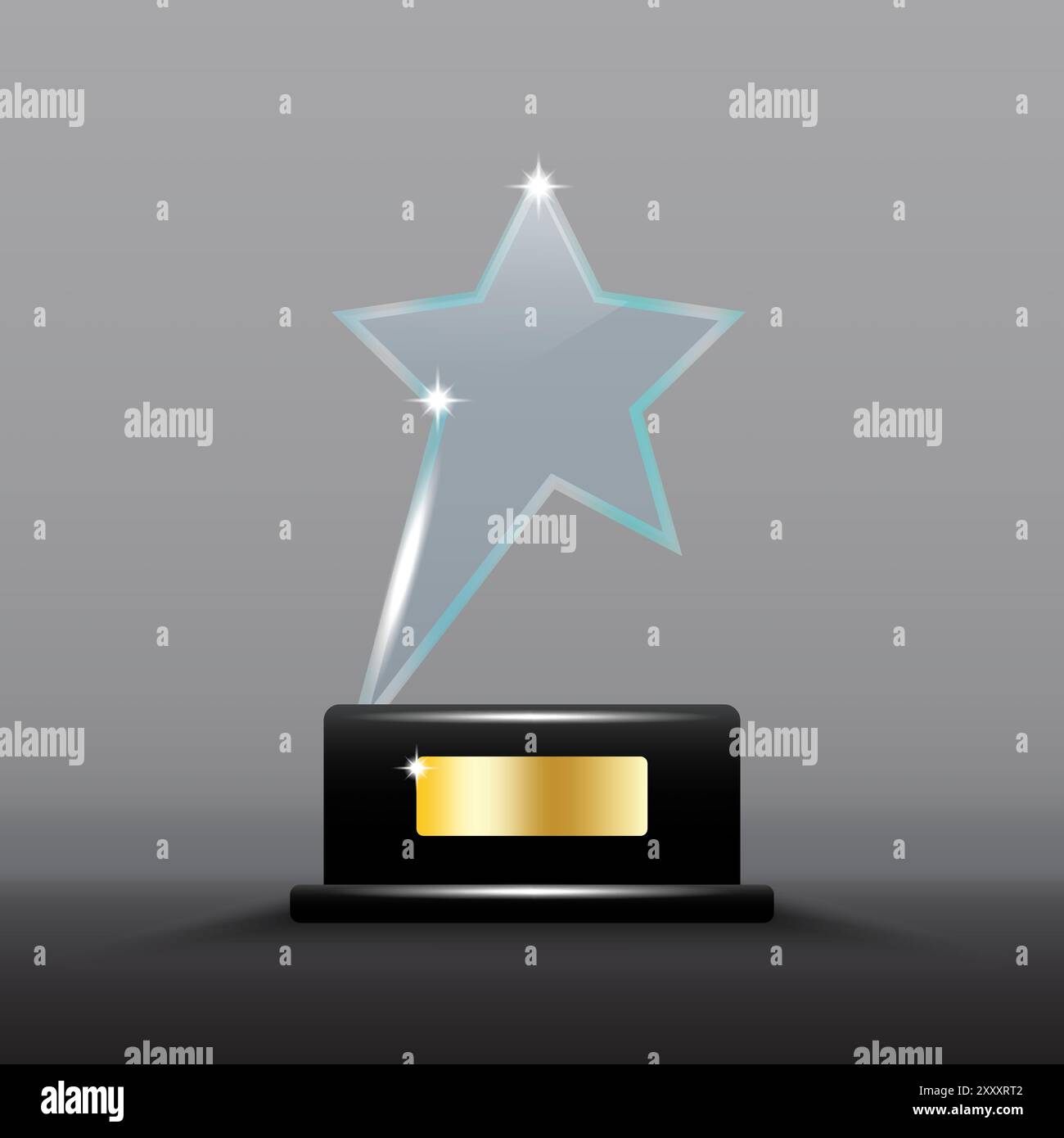 Star shaped glass trophy. Golden nameplate detail. Shining light ...