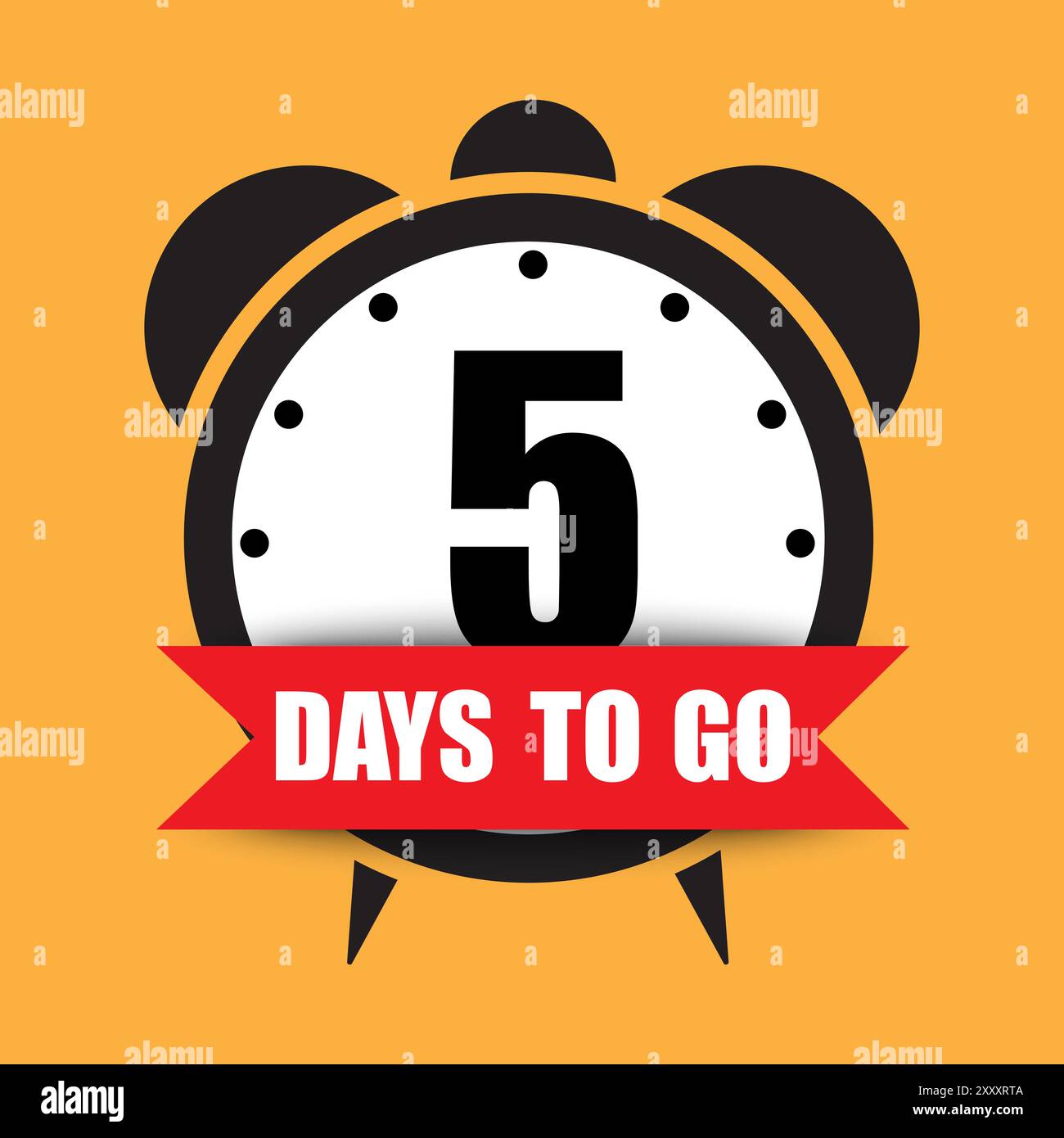 Countdown clock icon. Bold 5 days to go text. Red ribbon across alarm clock. Bright orange ...