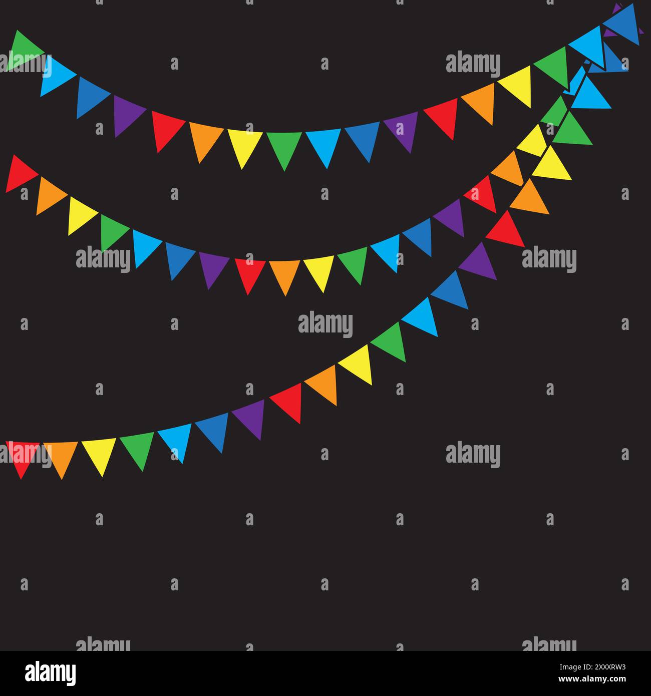 Colorful bunting flags. Triangular party banners. Bright festive decoration. Black background ...