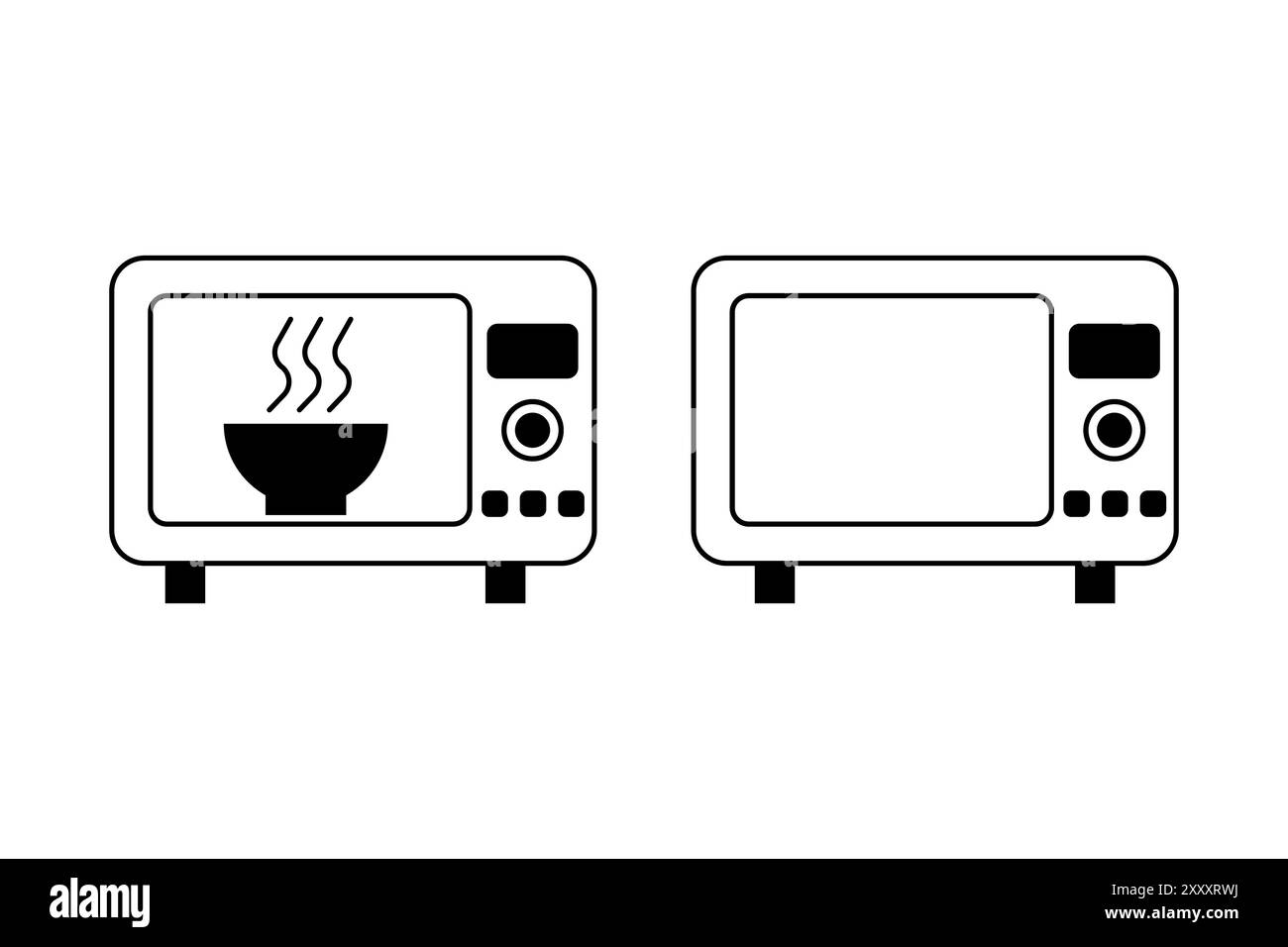 Microwave oven icons. Bowl with steam illustration. Black and white vector. Simple kitchen ...