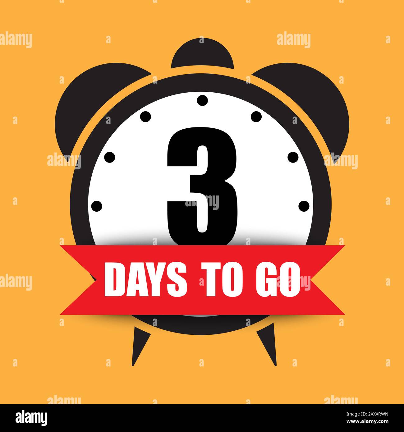 Countdown clock icon. Bold number three. 3 days to go text. Bright yellow background Stock ...