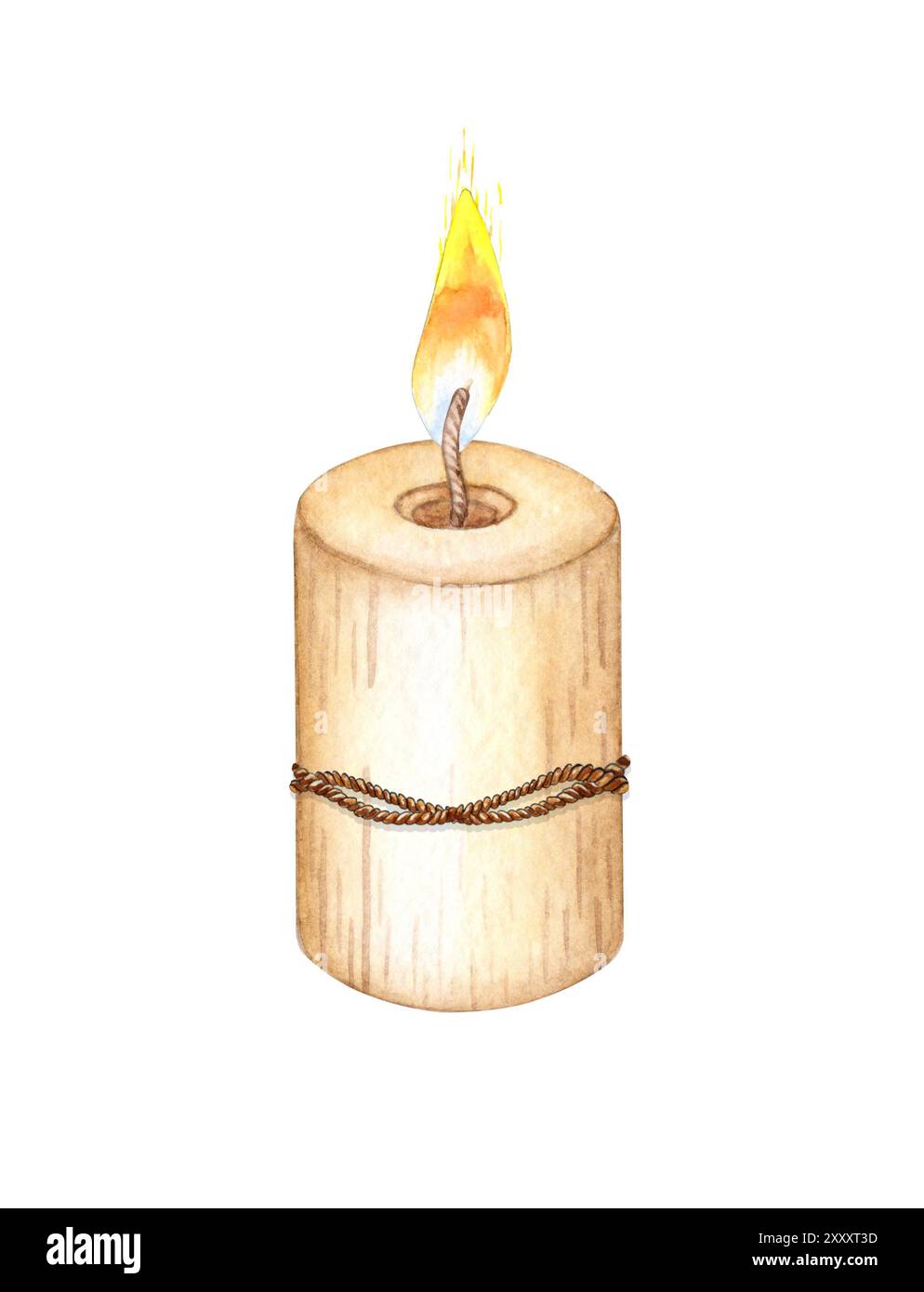 Rustic cylindrical burning candle tied with string watercolor ...