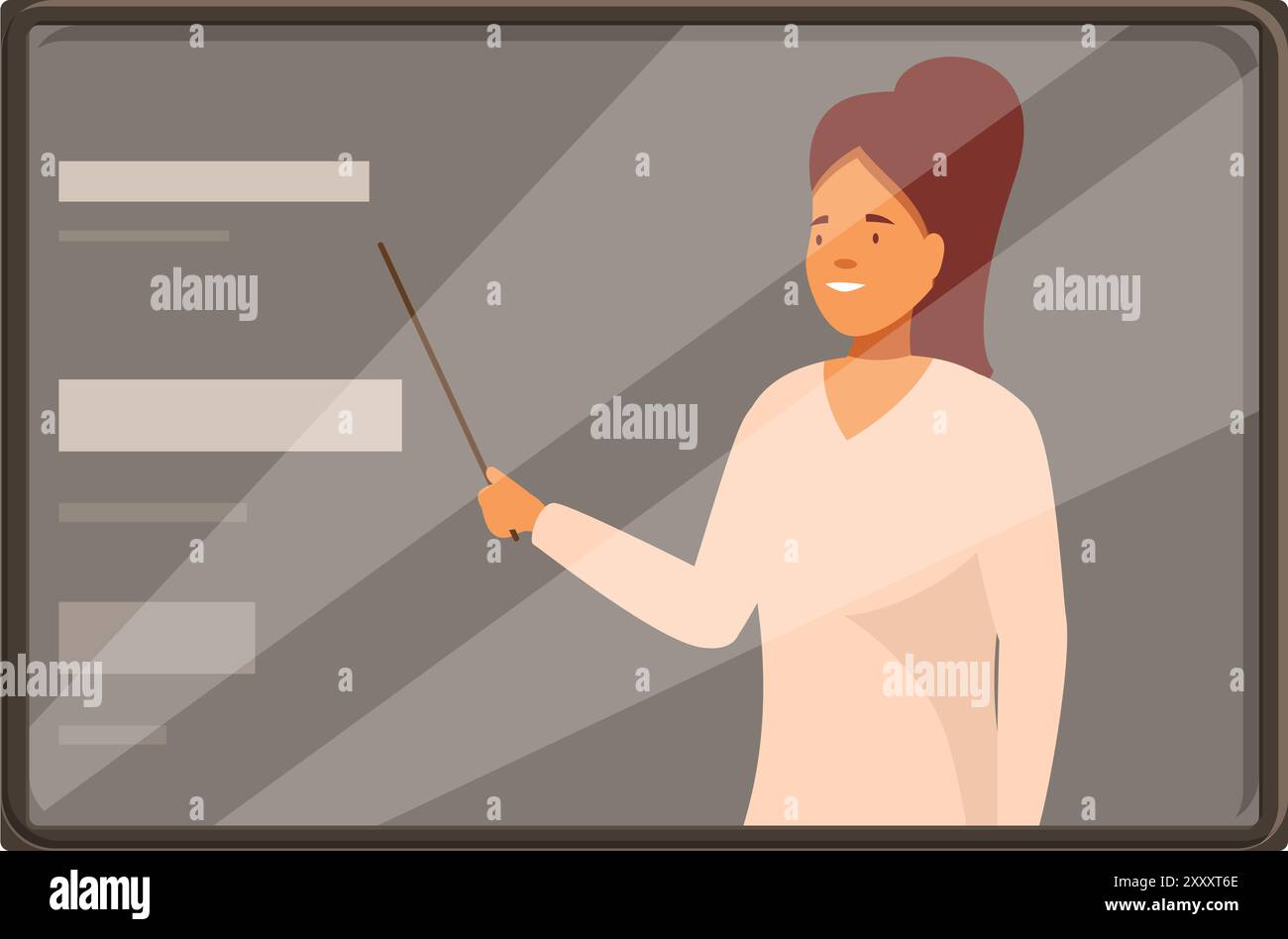 Teacher is giving a lesson pointing at the blackboard with a pointer ...