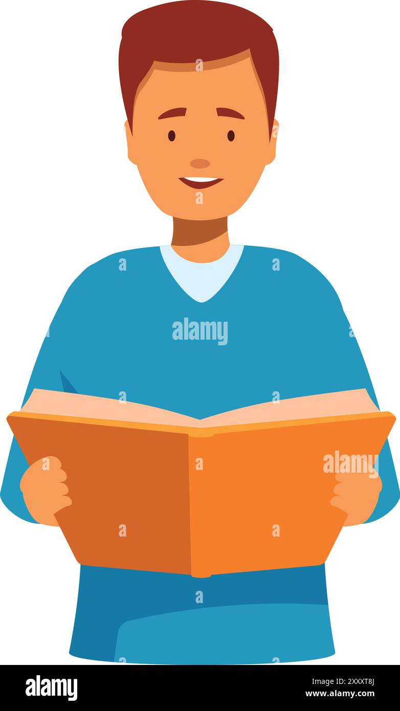 Young man reading a book and smiling cartoon style illustration Stock ...