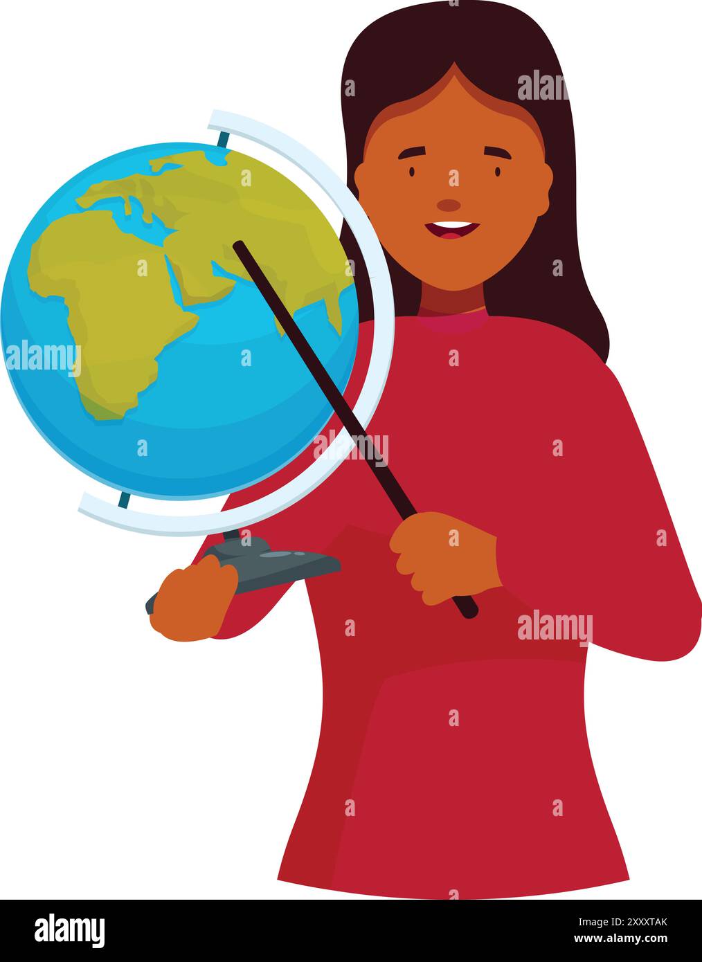 Geography teacher is holding a pointer and showing continents on the ...