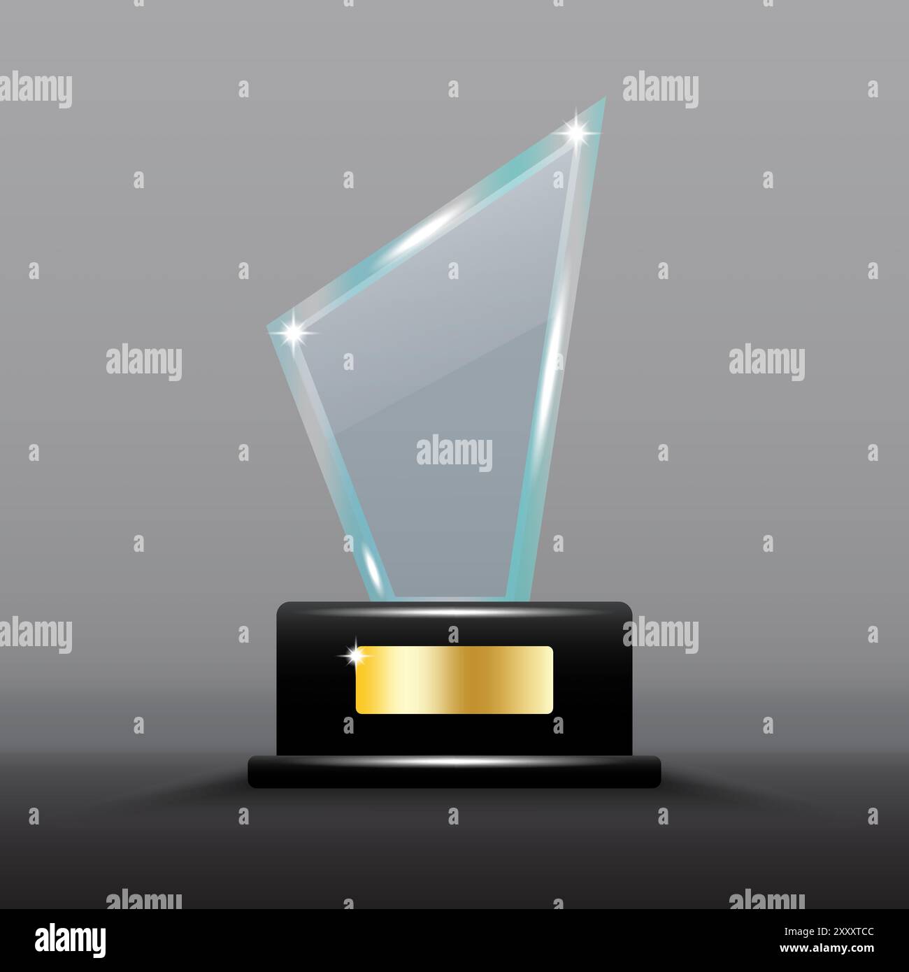 Glass trophy vector. Golden nameplate detail. Shining light reflections ...