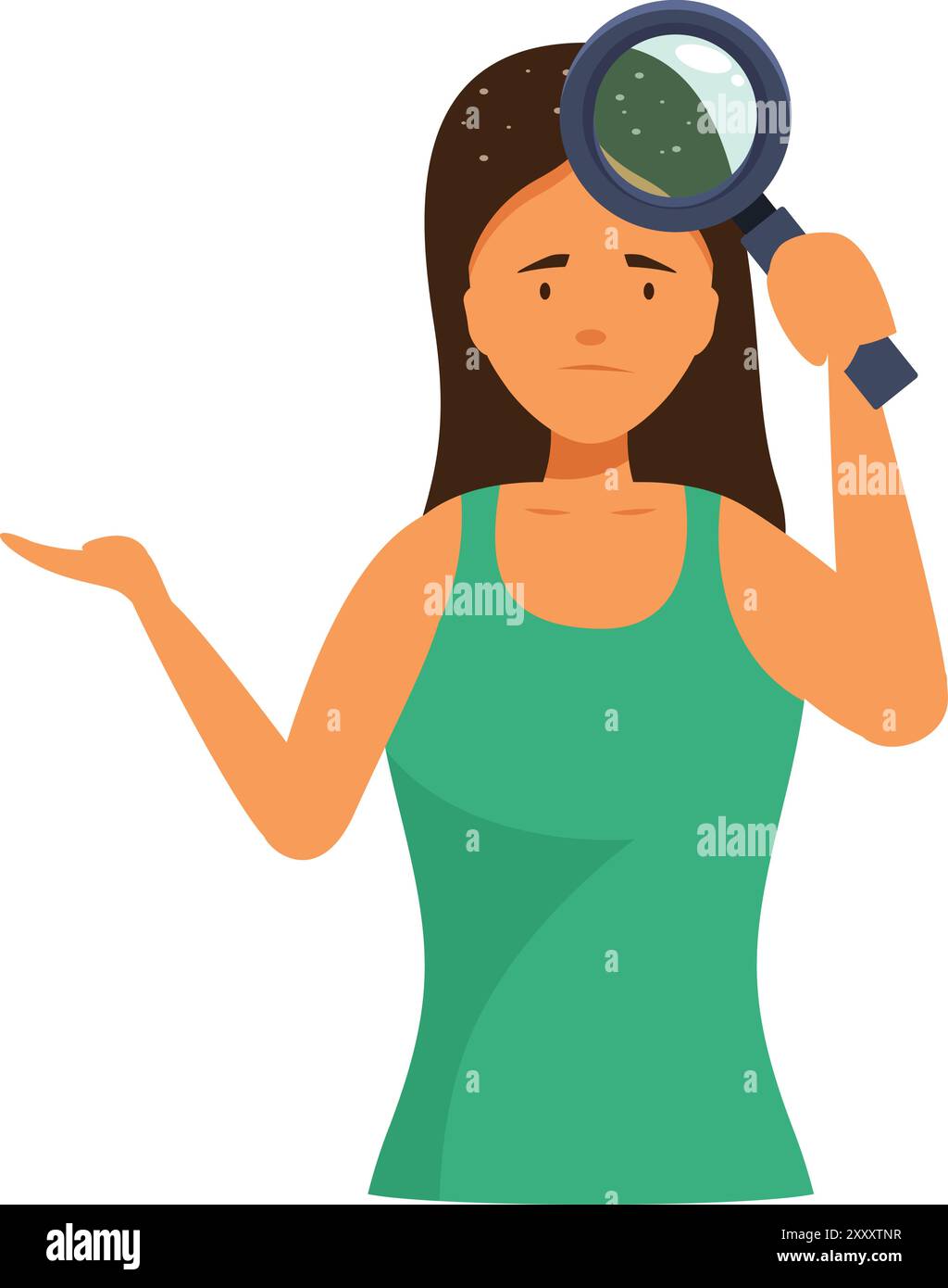 Young woman is examining her scalp with a magnifying glass, looking for ...