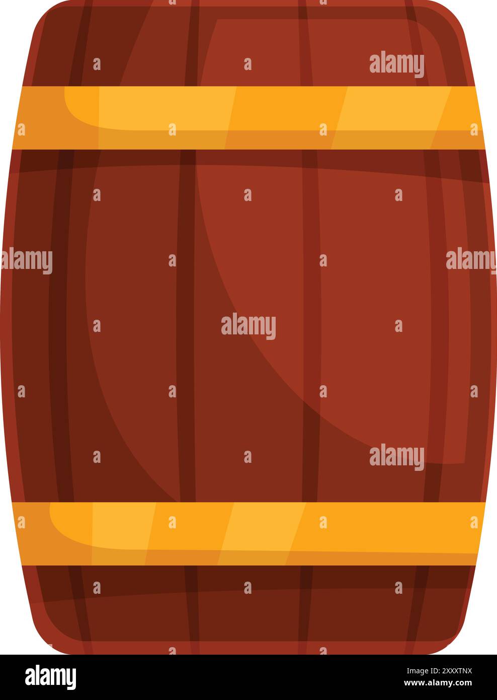 Brown wooden barrel standing up with golden hoops on white background ...