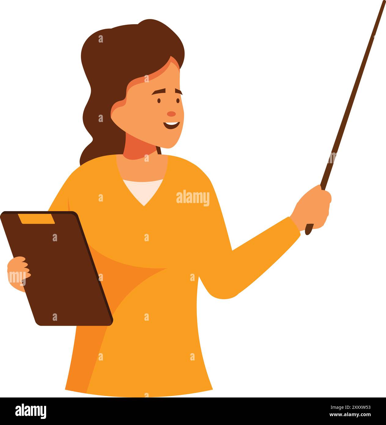 Smiling young woman teacher holding clipboard and pointing with stick ...