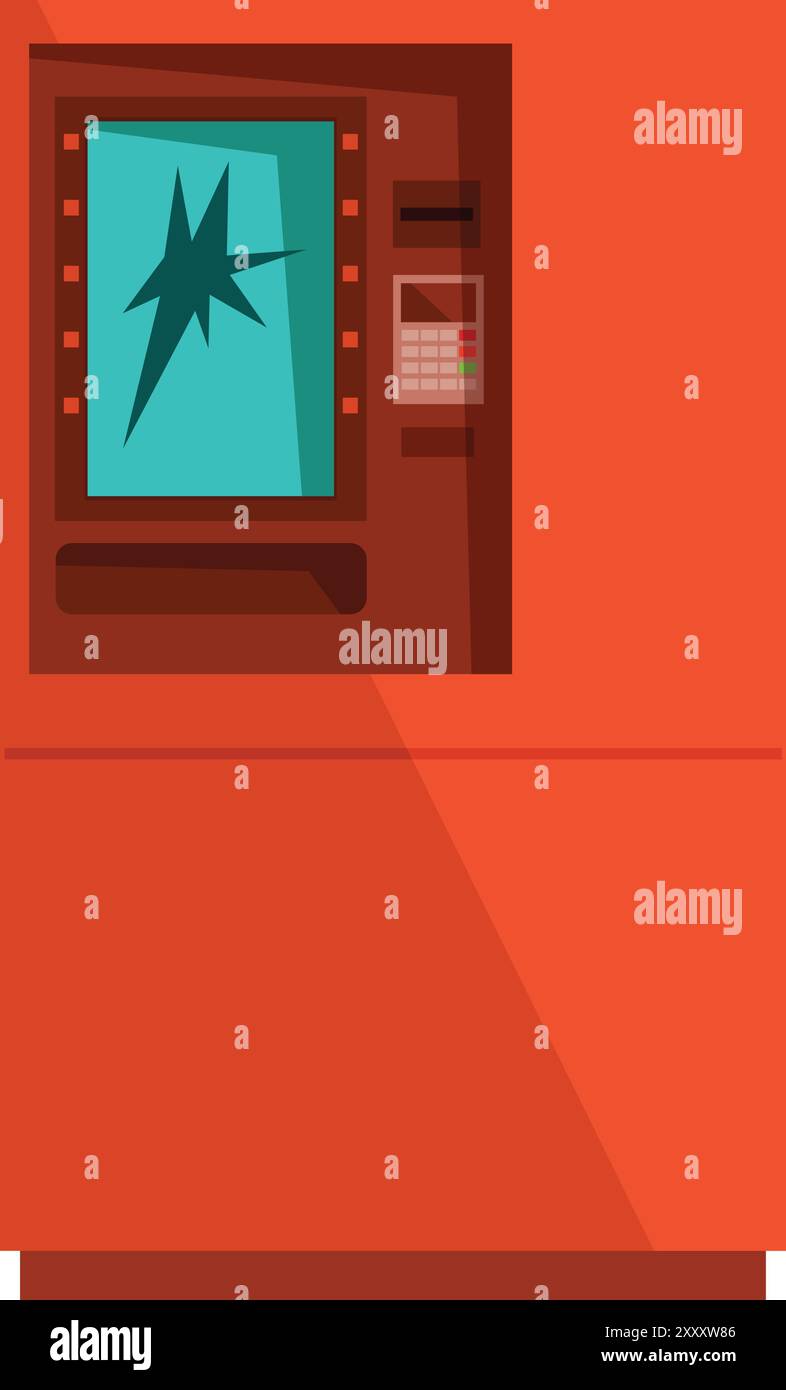 Red atm showing a broken screen with a hole, depicting vandalism and ...