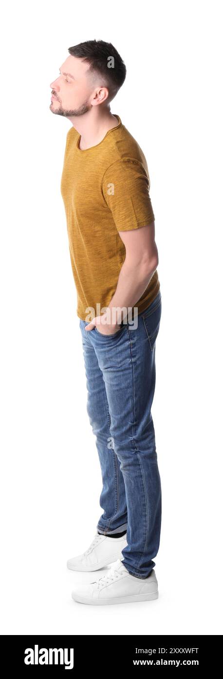 Man standing in queue on white background Stock Photo - Alamy
