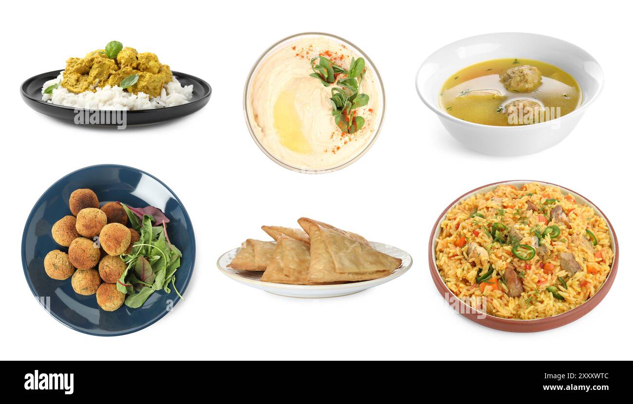 Hummus, samosas, falafel balls, pilaf, matzo balls and rice with curry ...