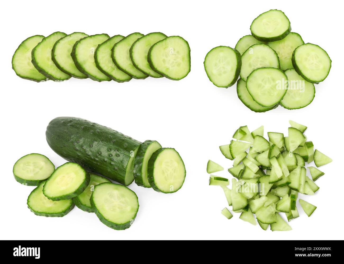 Fresh cucumbers isolated on white, collage. Different types of cuts ...