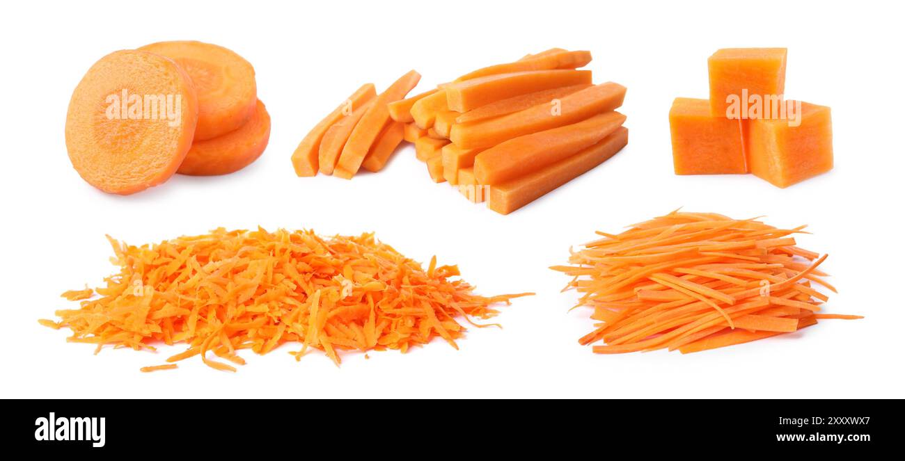 Fresh carrots isolated on white, collage. Different types of cuts Stock ...