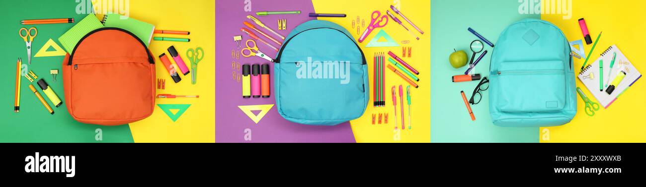 Backpacks and stationery on different colors backgrounds, collection ...