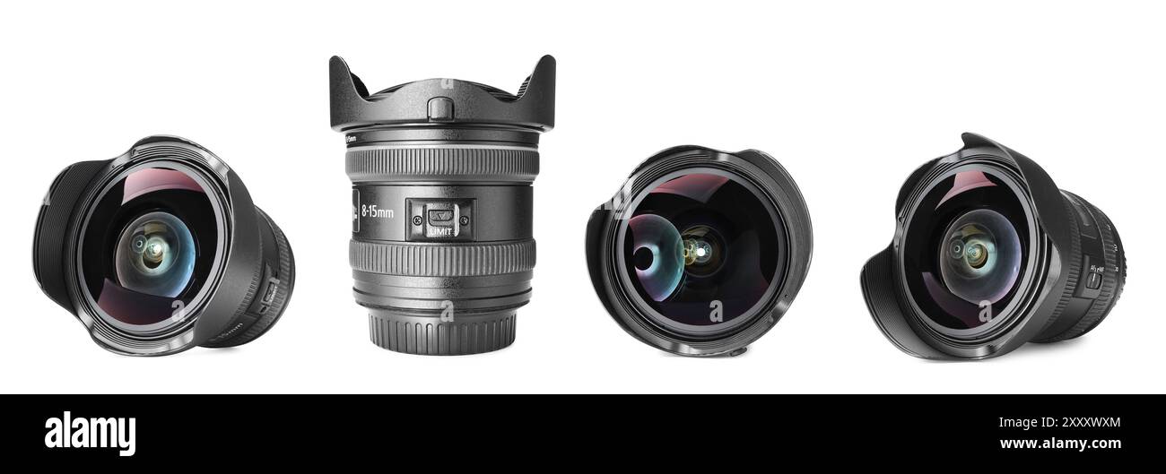 Camera lens on white background, collage. Photographer's equipment ...