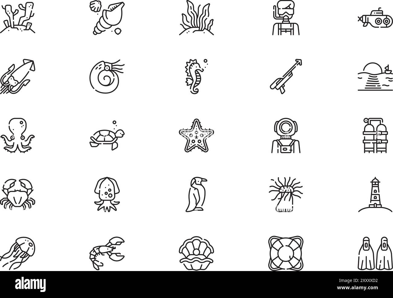 Sea life icons collection is a vector illustration with editable stroke ...