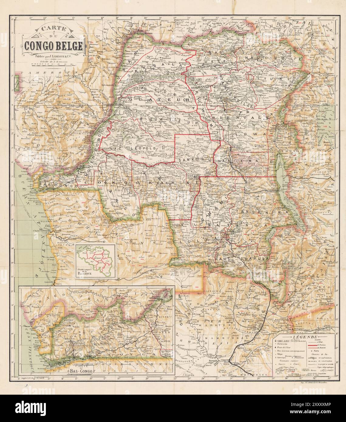 Vintage Illustrated map. Belgian Congo. by Jules Lebegue. 1924 Stock Photo - Alamy