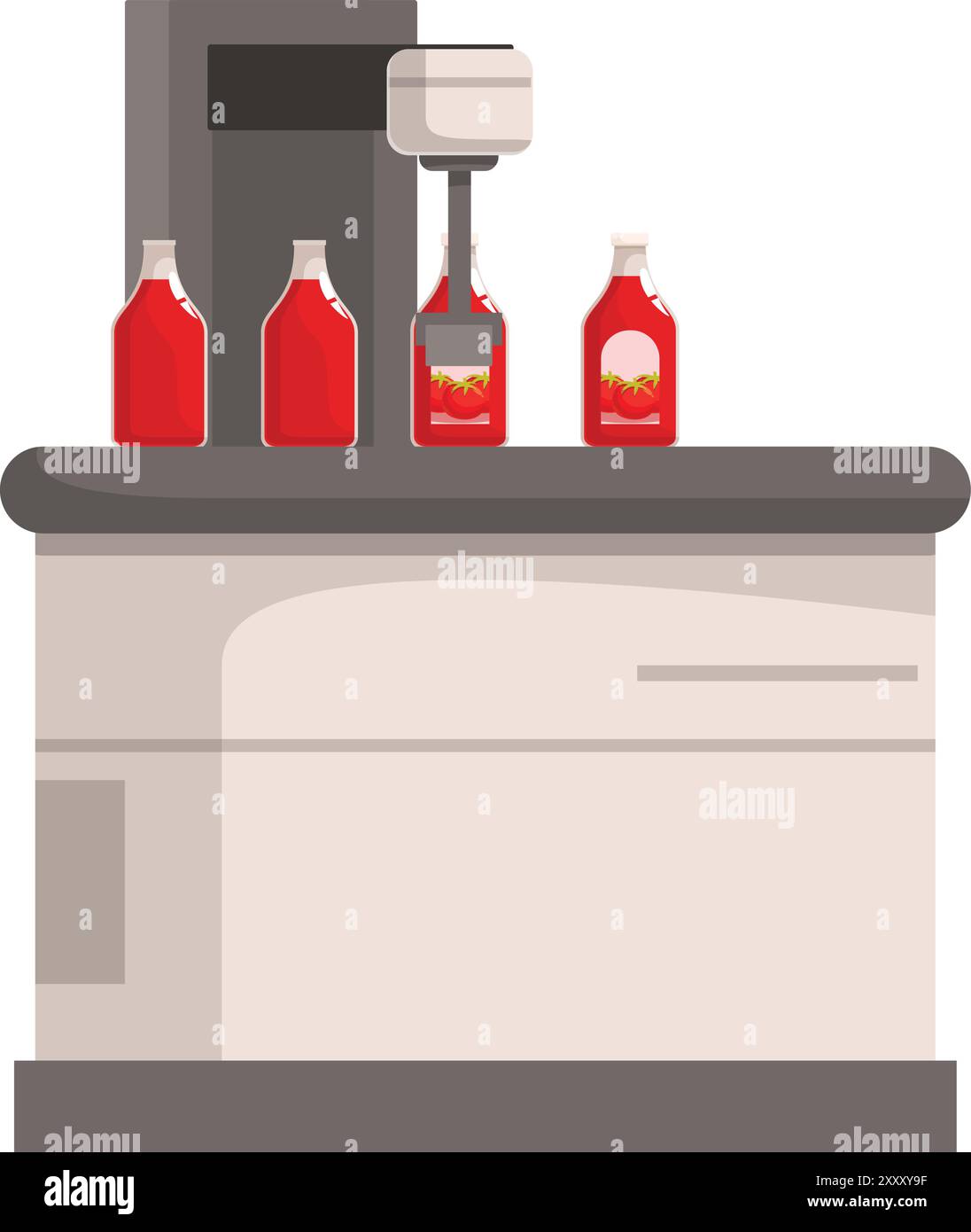 Modern automatic machine pouring ketchup in glass bottle on conveyor belt at food factory Stock ...