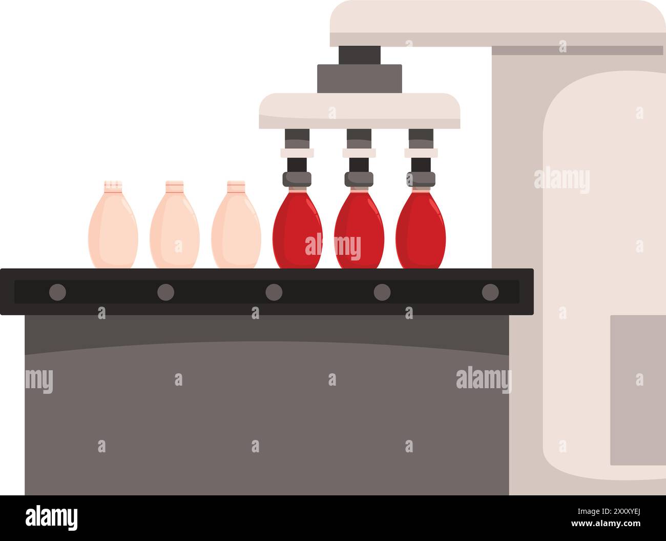 Automated production line is filling bottles with juice or dairy ...