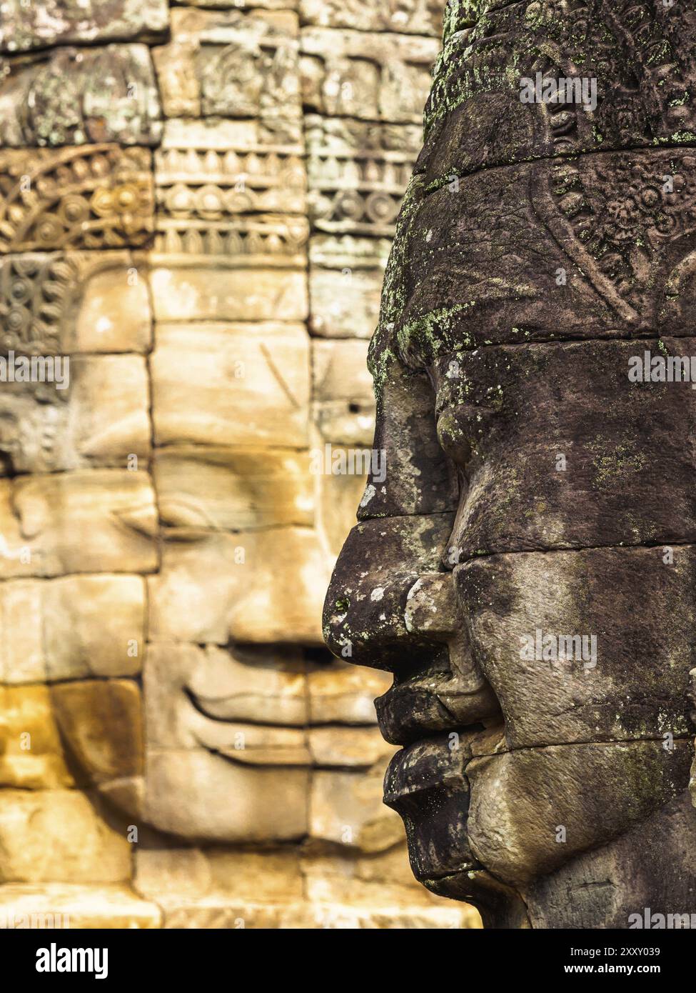 Ancient smiling stone face at Bayon Temple in Siem Reap, Cambodia, Asia ...