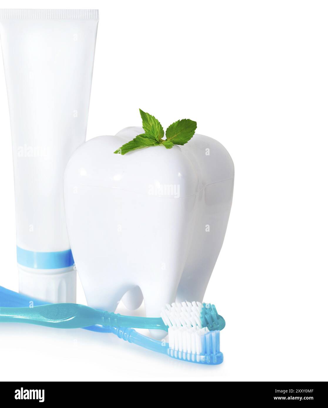 Tooth brushes with mint, tooth paste and dental floss isolated on white ...