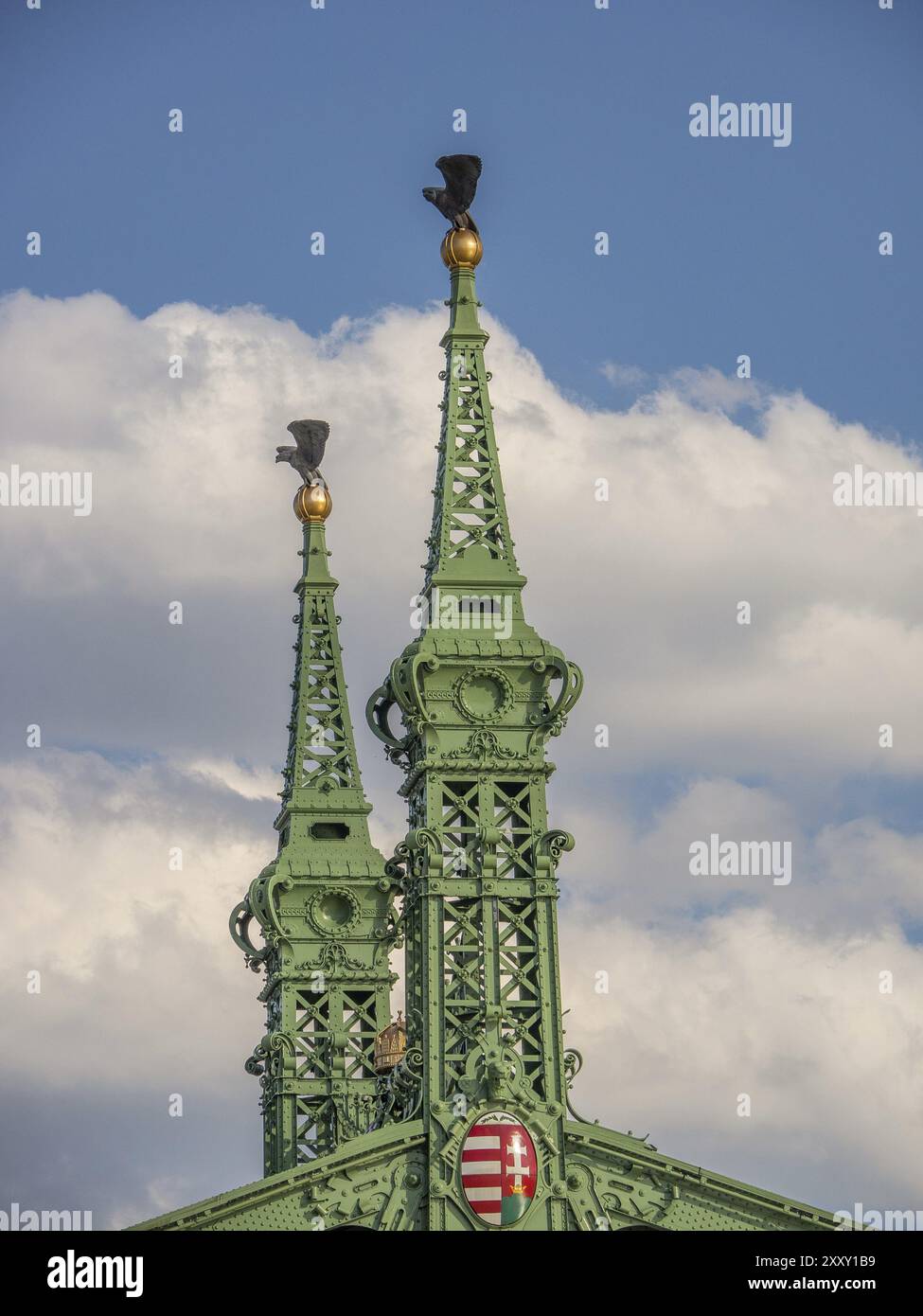 Close-up view of the green bridge towers with the Hungarian coat of ...