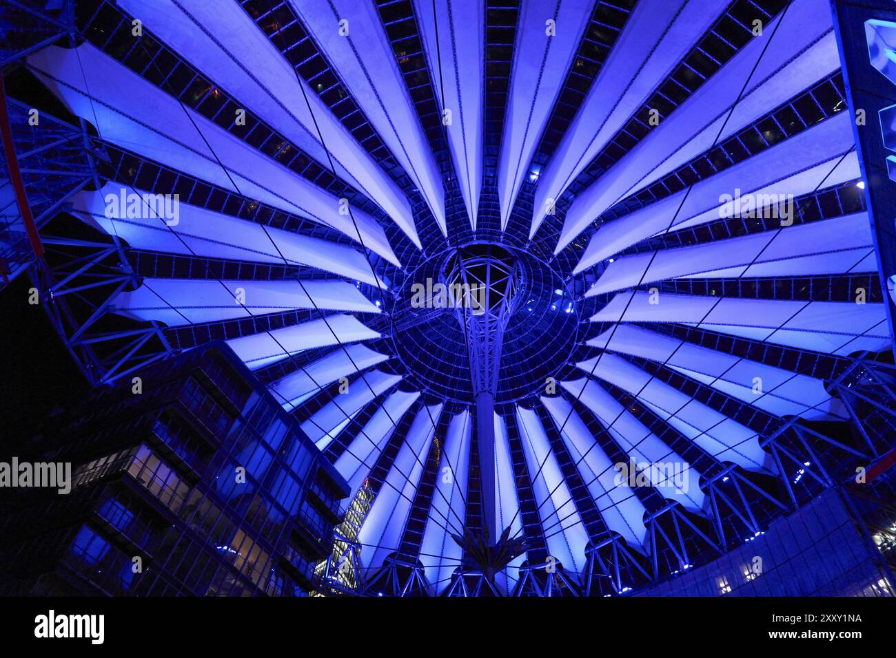 Sony Center in Berlin at night with purple lights on the ceiling Stock ...