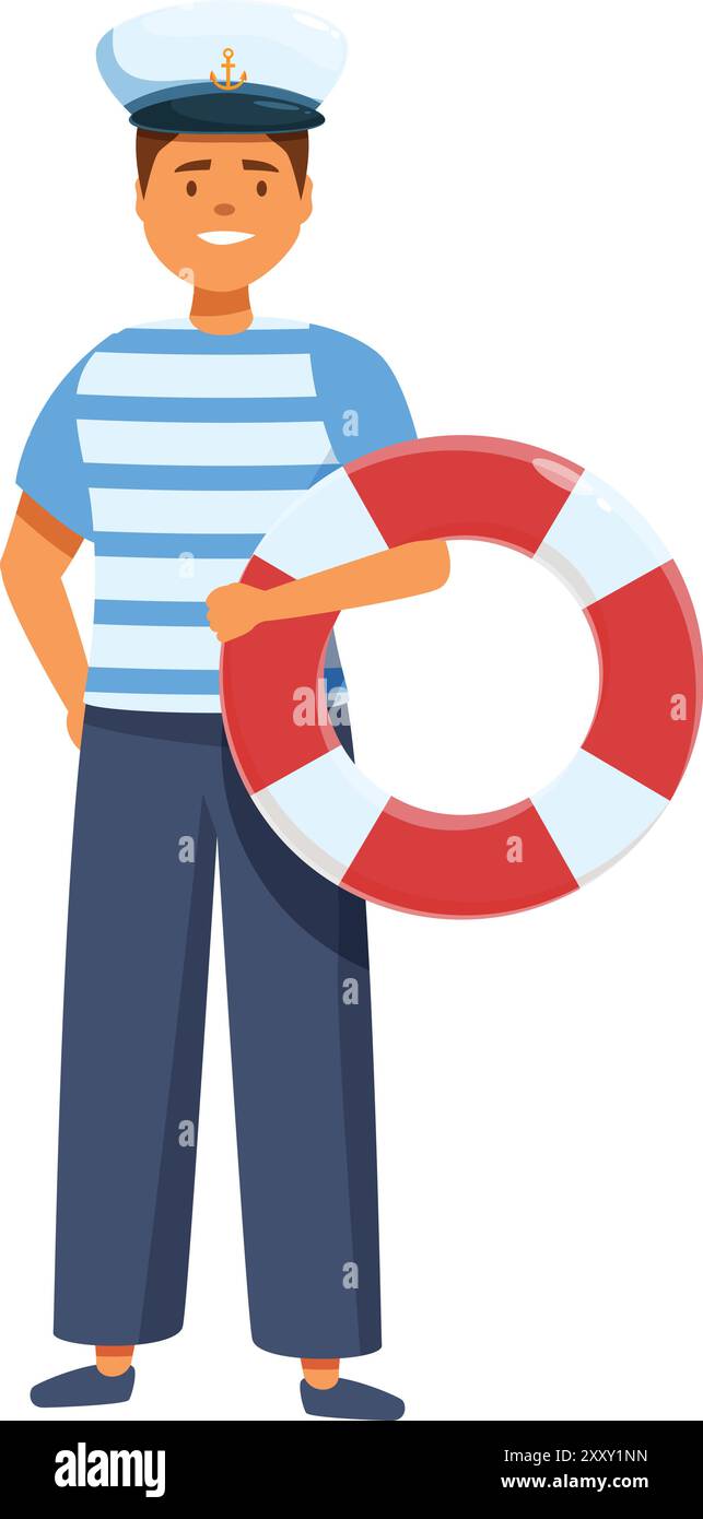 Cheerful sailor is holding a lifebuoy, symbolizing safety and rescue at ...