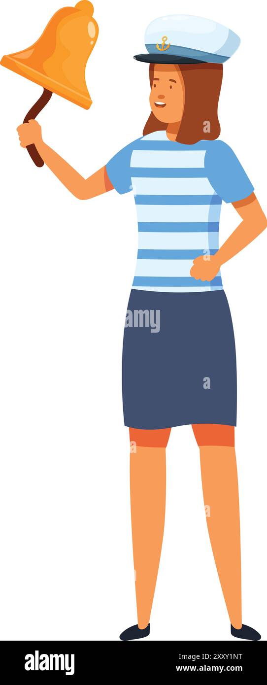 Happy female sailor character ringing a big golden bell, nautical ...