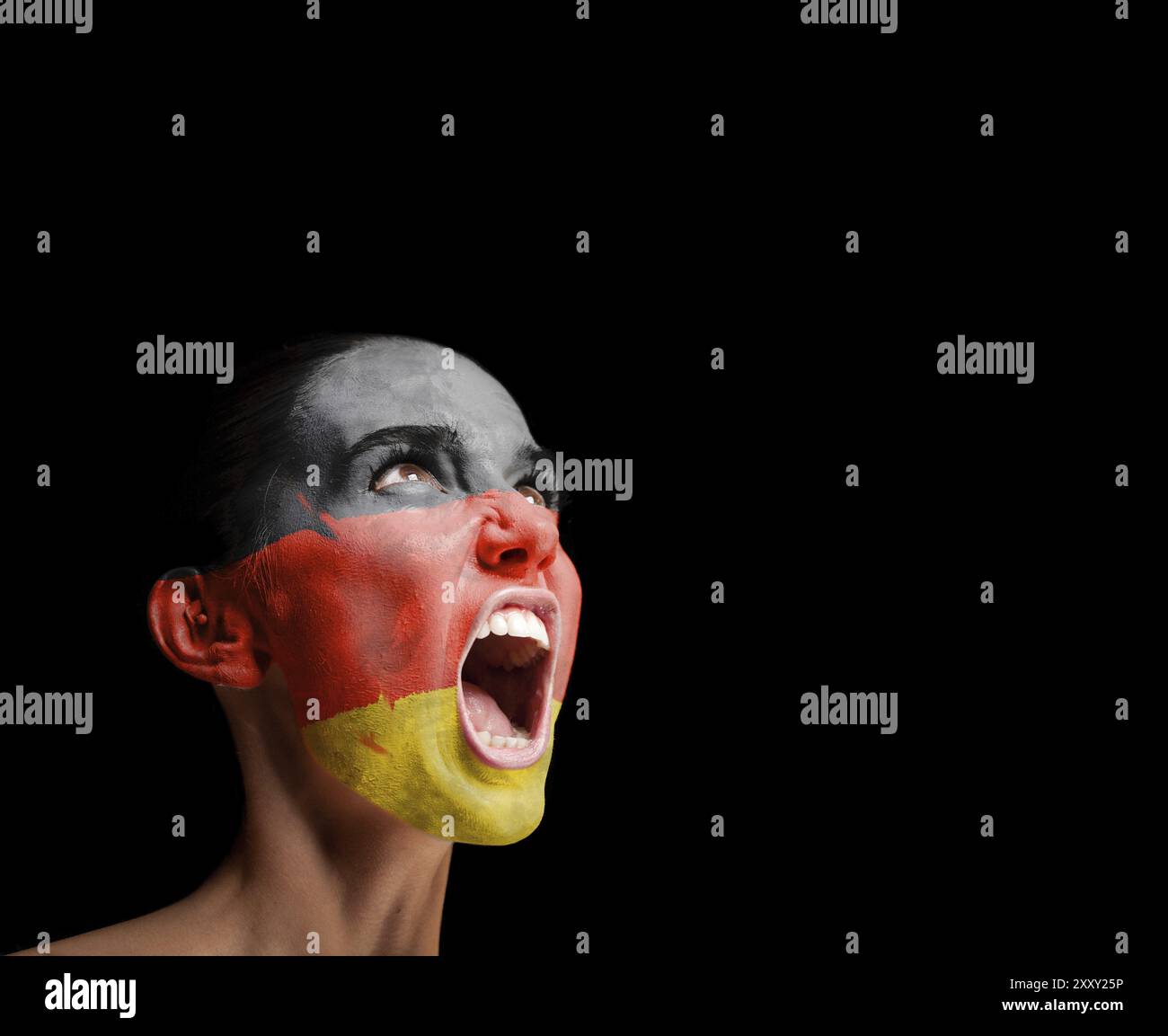 The German flag on the face of a screaming woman. concept Stock Photo ...
